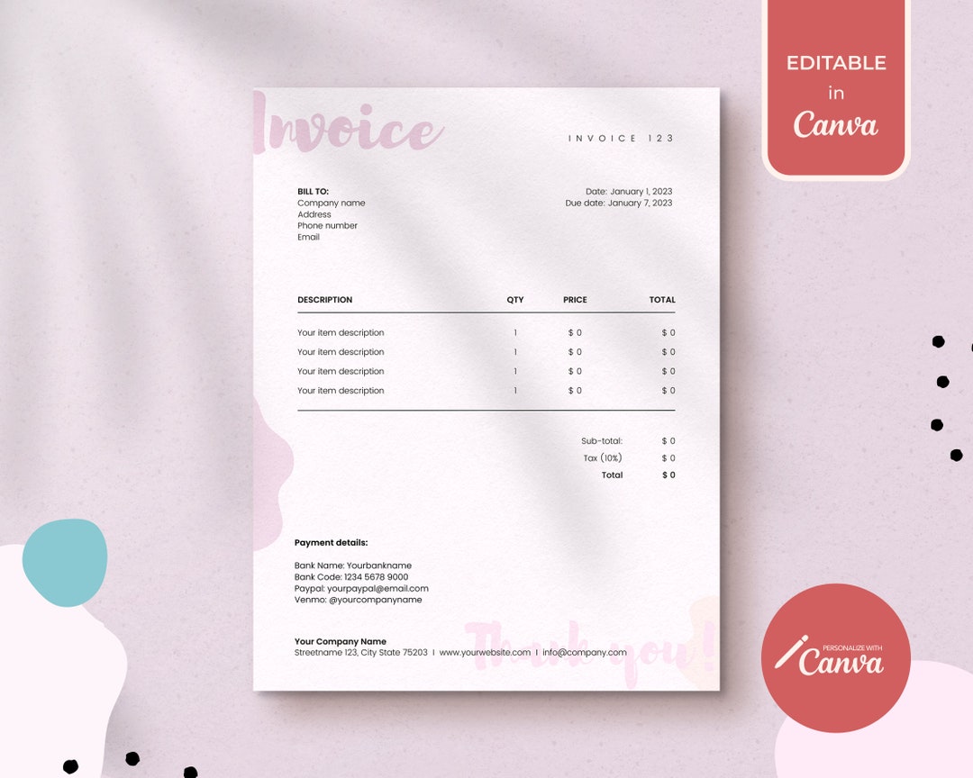 Invoice Template Editable Pink Invoice for Small Business Printable ...