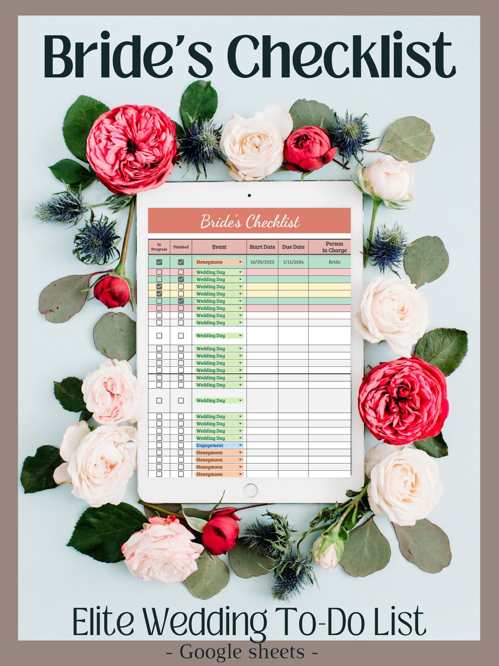 Premium Wedding To-do List: Bride's CHECKLIST, Google Sheets DIGITAL ...