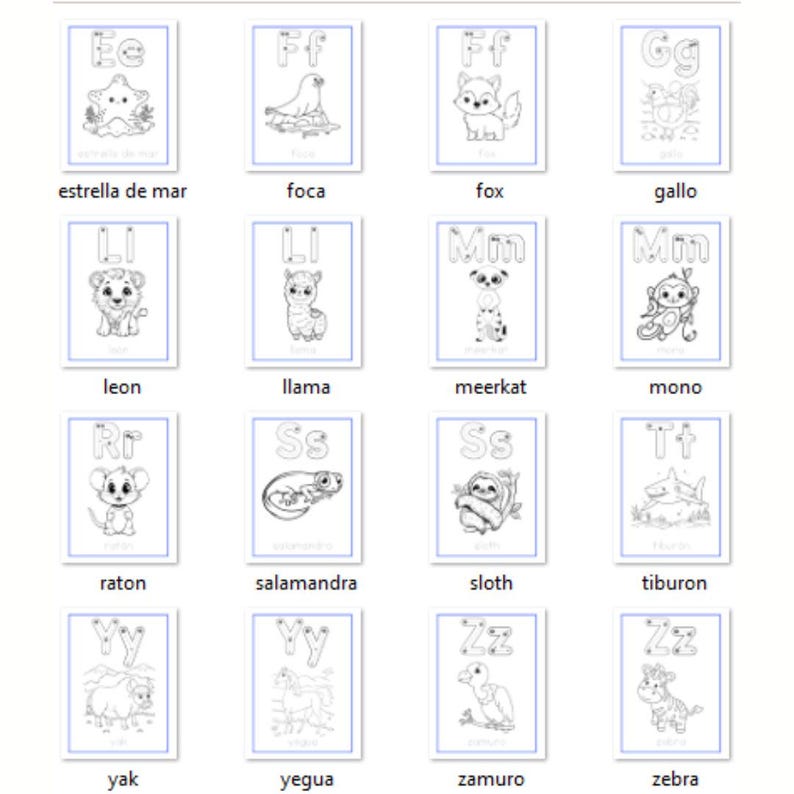 Print and Trace Bilingual Animal Alphabet Coloring Book, Printable ...