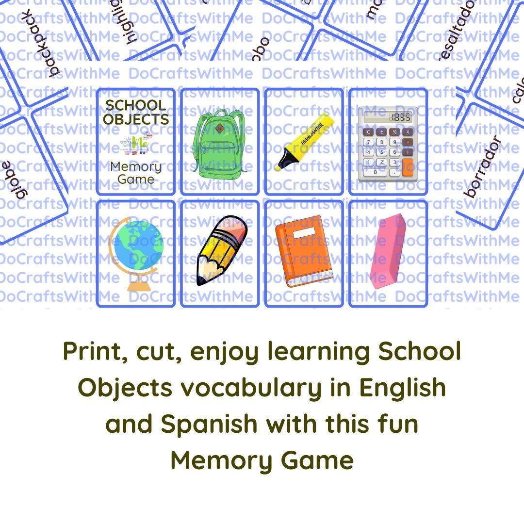 Bilingual Memory Game Printable School Objects English-spanish ...