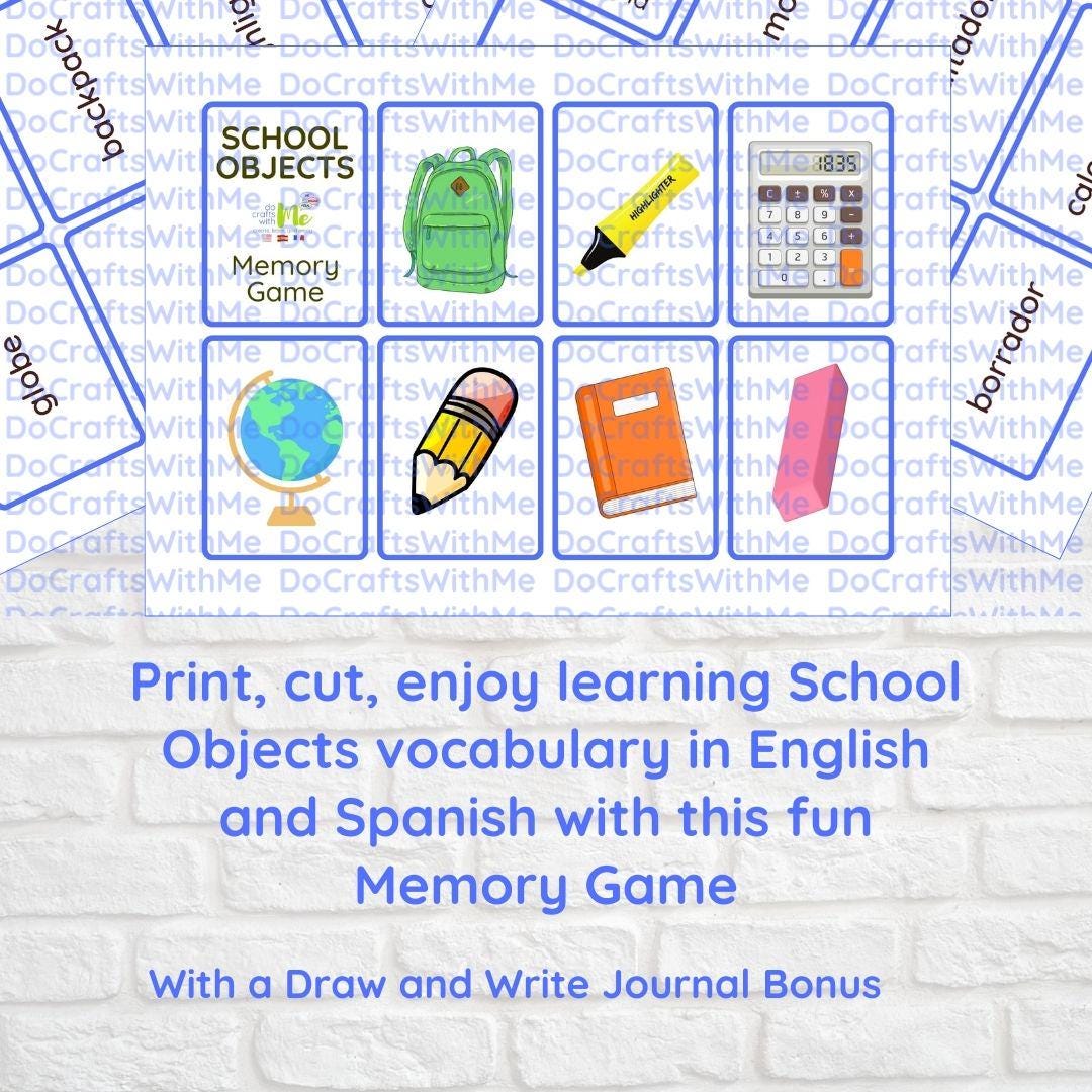 Bilingual Memory Game Printable | School Objects Matching Cards ...