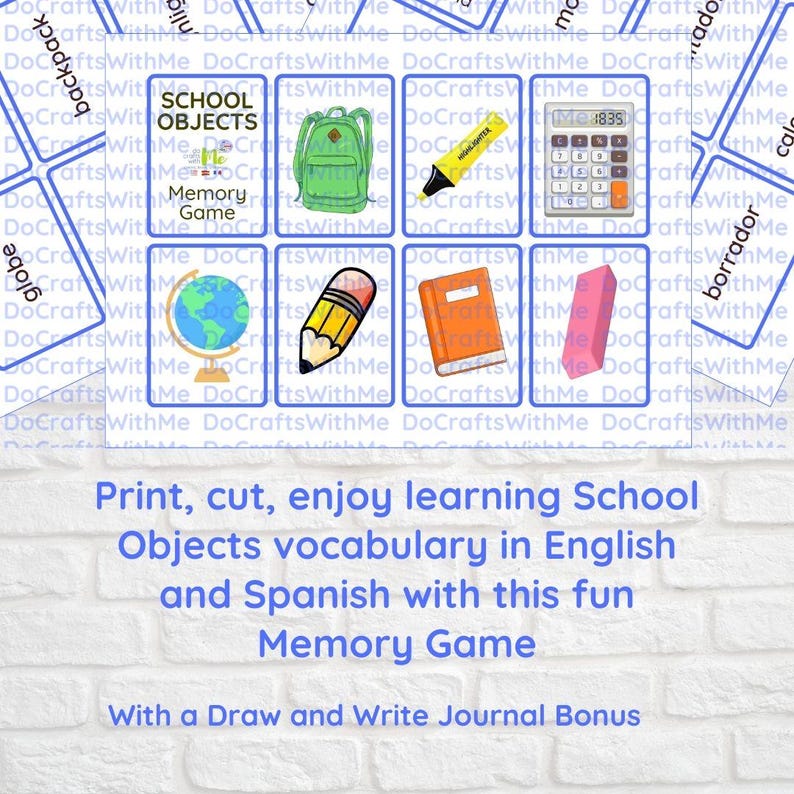 Bilingual Memory Game Printable | School Objects Matching Cards ...