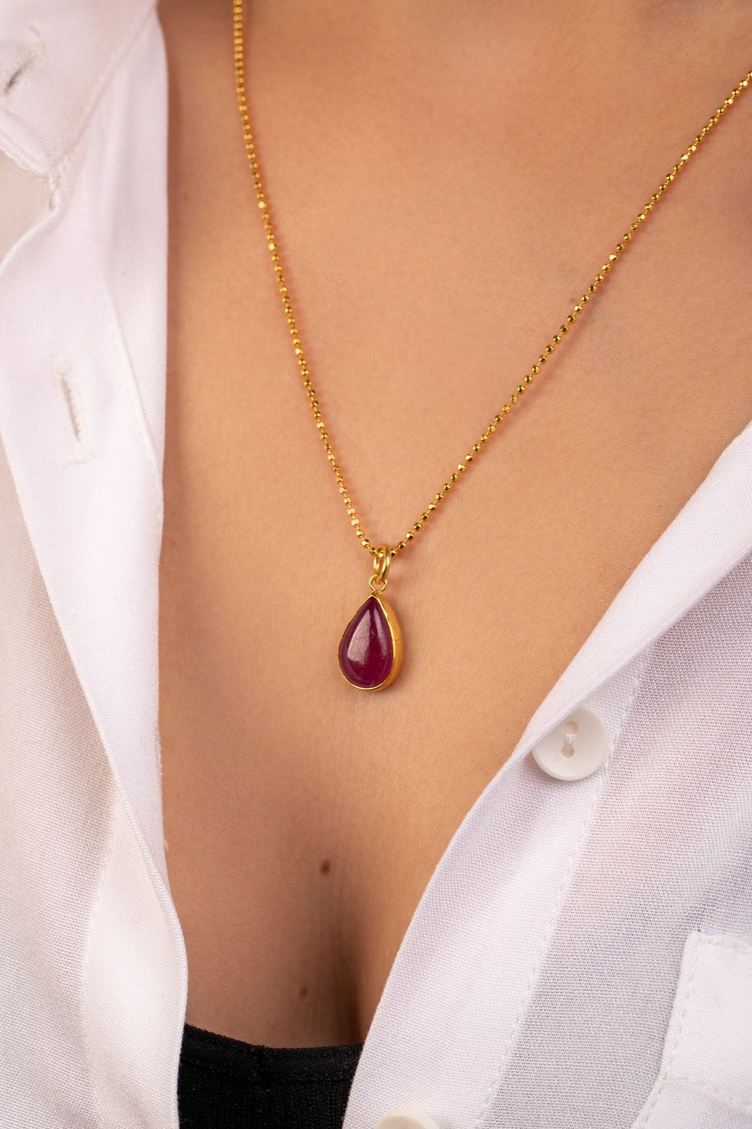 Real Ruby Drop Necklace, 22K Micron, Genuine Ruby Pendant, Real Ruby Necklace,real Ruby Pendant ...