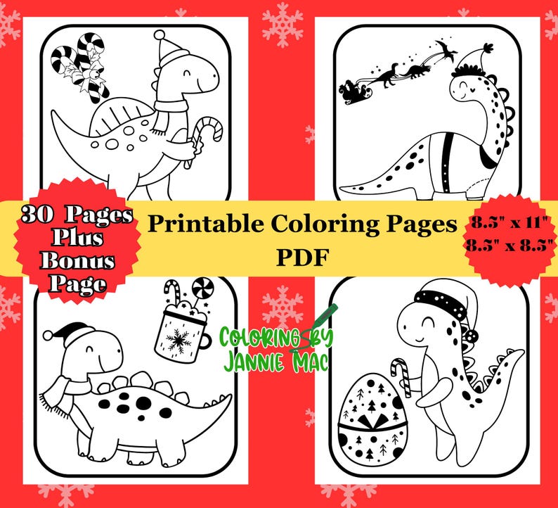 Bold and Easy Christmas Dinosaurs Whimsical Coloring Book, 30 Digital ...