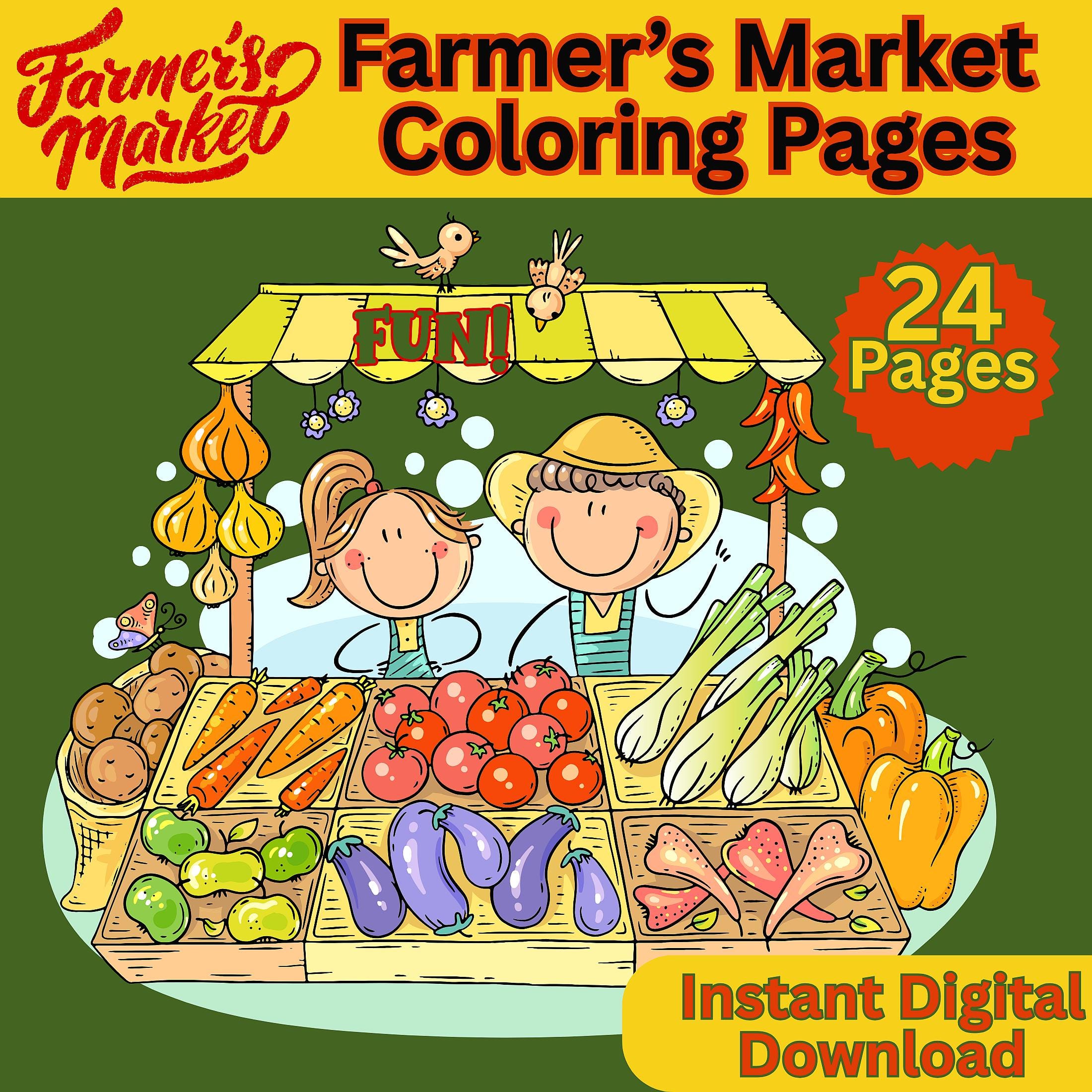 Farmer's Market Coloring Pages, Harvest, Summer, Fall, Coloring Book ...