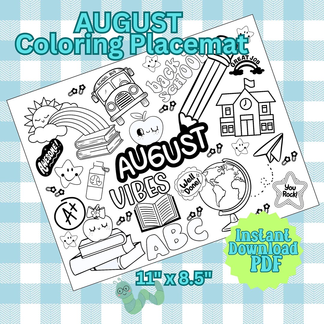 AUGUST Coloring Page Placemat, Back to School, Summer Coloring, Kids ...