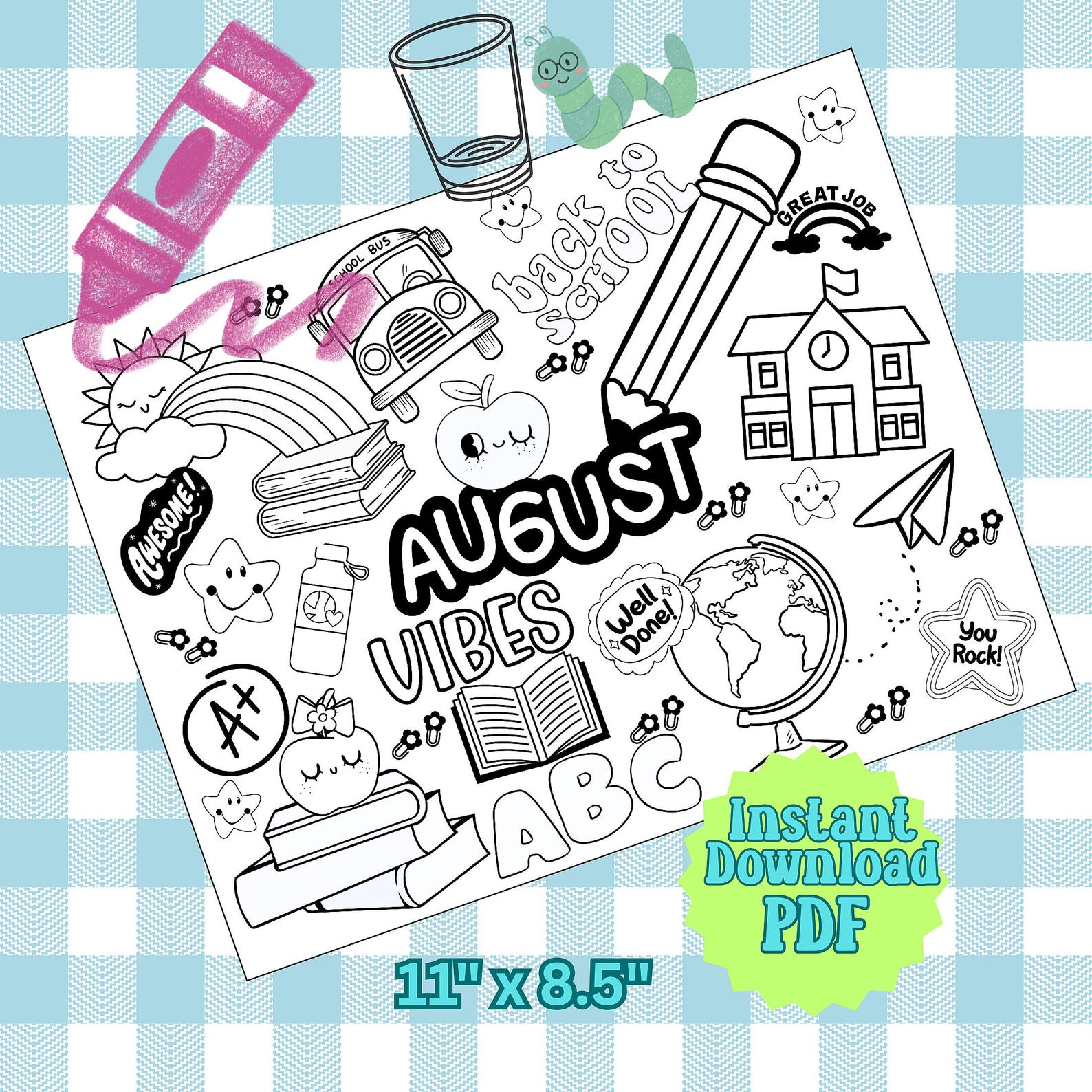 AUGUST Coloring Page Placemat, Back to School, Summer Coloring, Kids ...