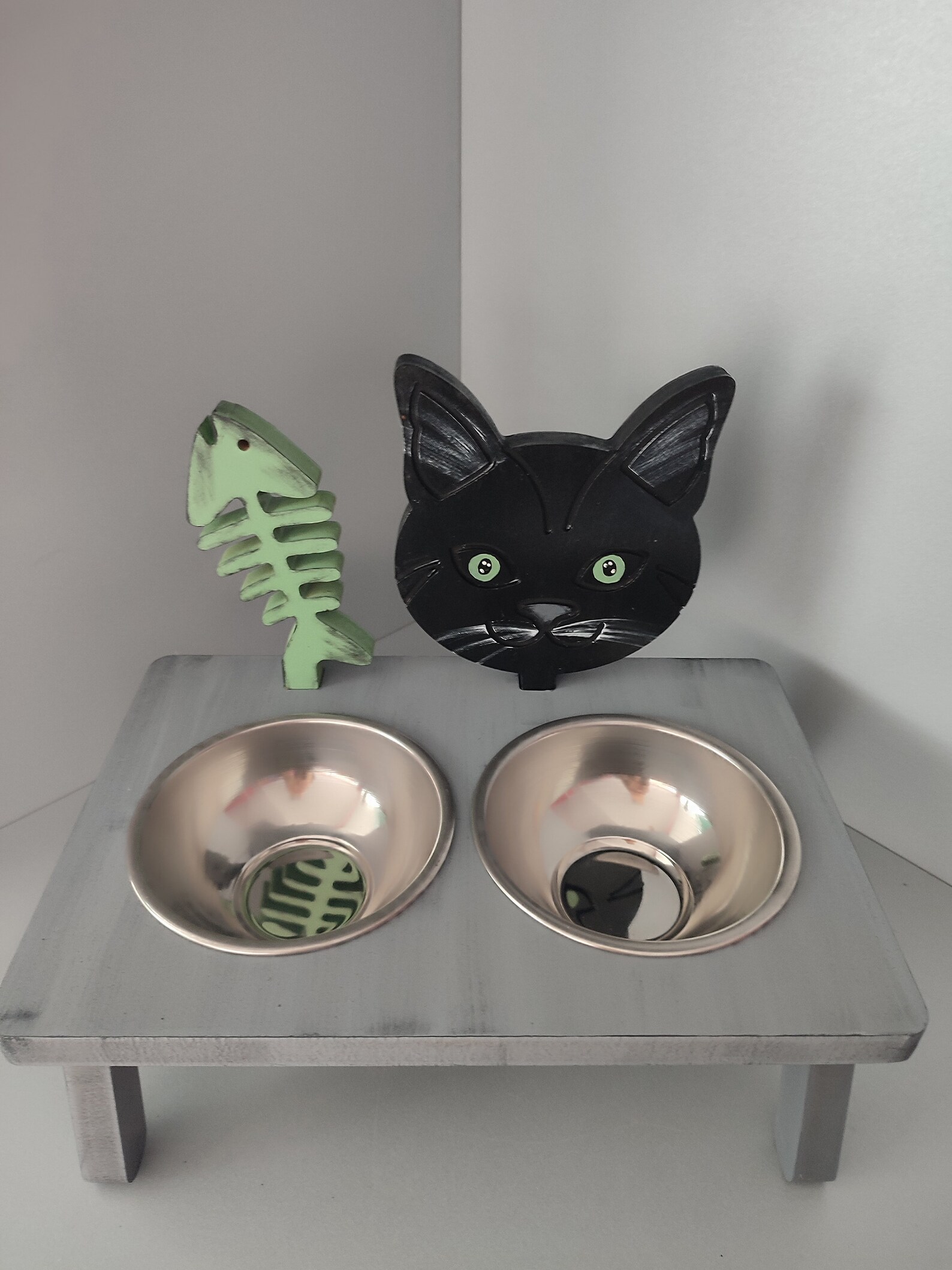 Wooden Raised Black Cat Food Stand Comes With Two Bowels., Specially ...