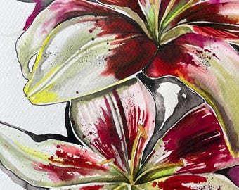 Original Japanese Ink Flower Painting, Flower Painting, Wall Decor ...