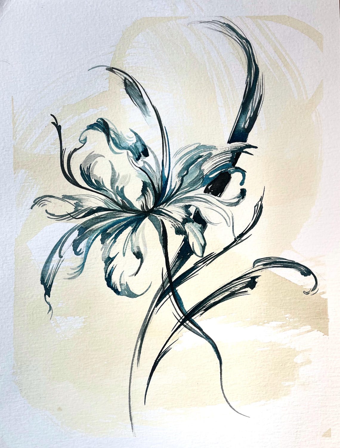 Original Japanese Ink Flower Painting, Flower Painting, Wall Decor ...