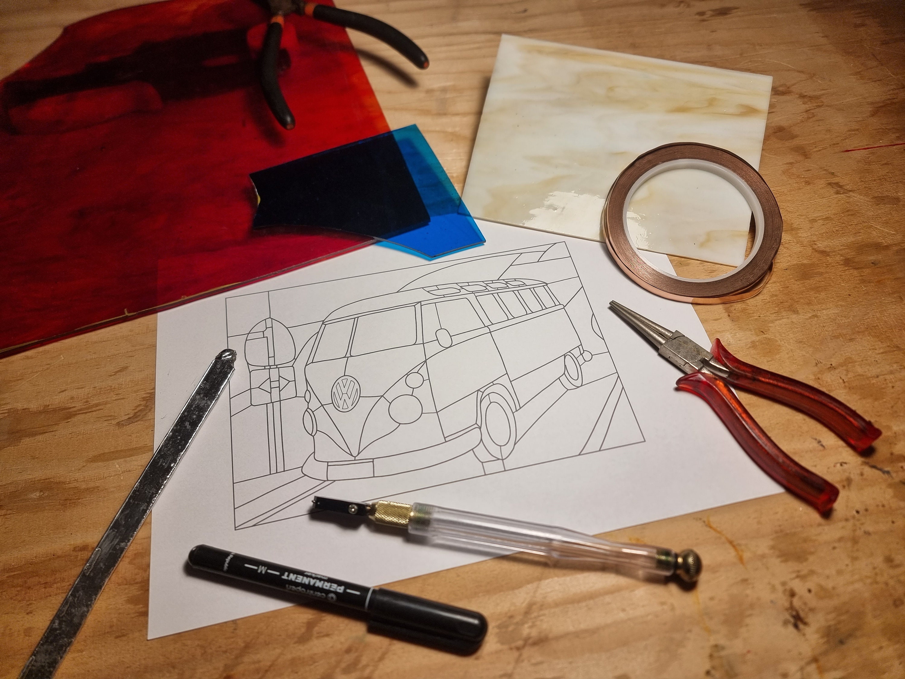 VW Transporter Car Vintage Volkswagen Bus Stained Glass Pattern, 6 ...