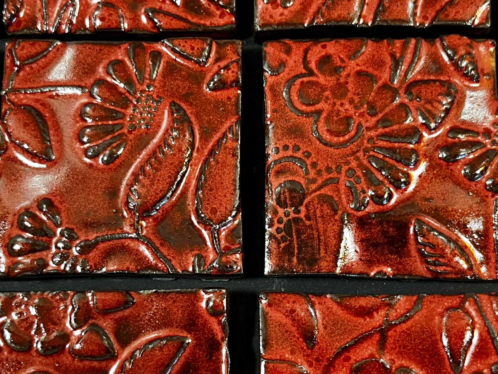 Red Flower Tile, Handmade Tile, Ceramic Tile, Fireplace Tile, Red Tile ...