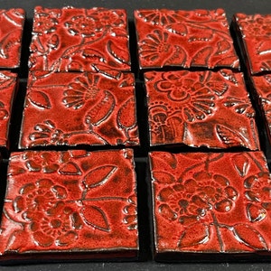 Red Flower Tile, Handmade Tile, Ceramic Tile, Fireplace Tile, Red Tile ...