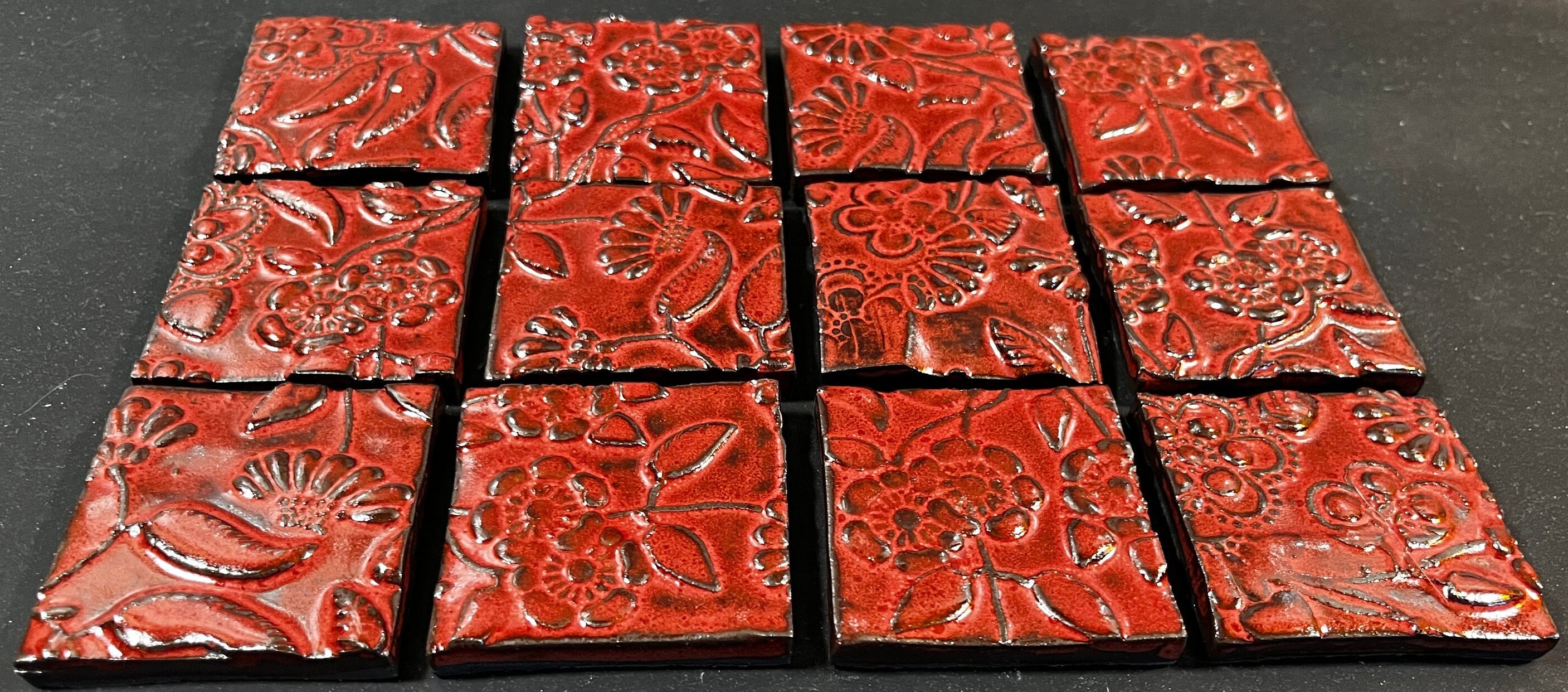 Red Flower Tile, Handmade Tile, Ceramic Tile, Fireplace Tile, Red Tile ...
