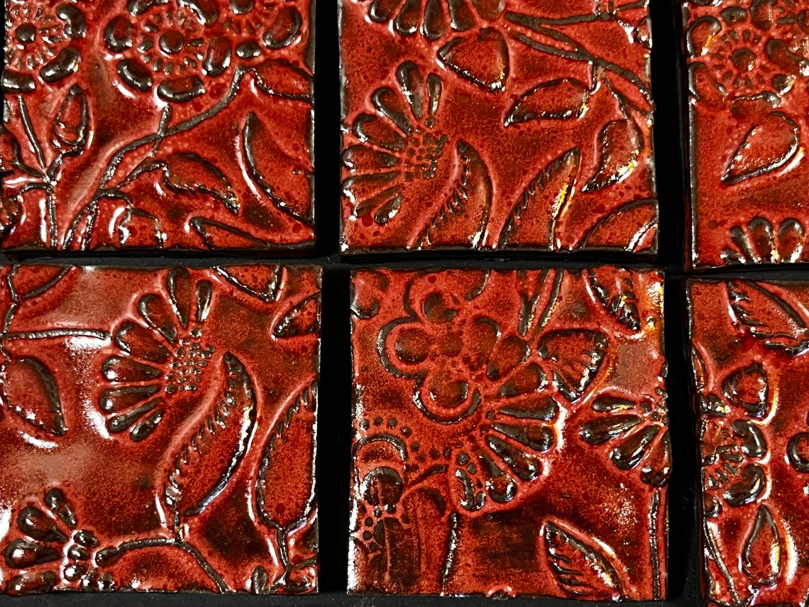 Red Flower Tile, Handmade Tile, Ceramic Tile, Fireplace Tile, Red Tile ...
