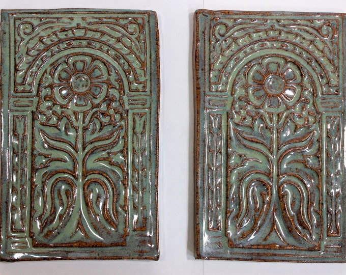 2 Art Nouveau Tile Set, Handmade Tile Set, Green Ceramic Tile, Embossed ...