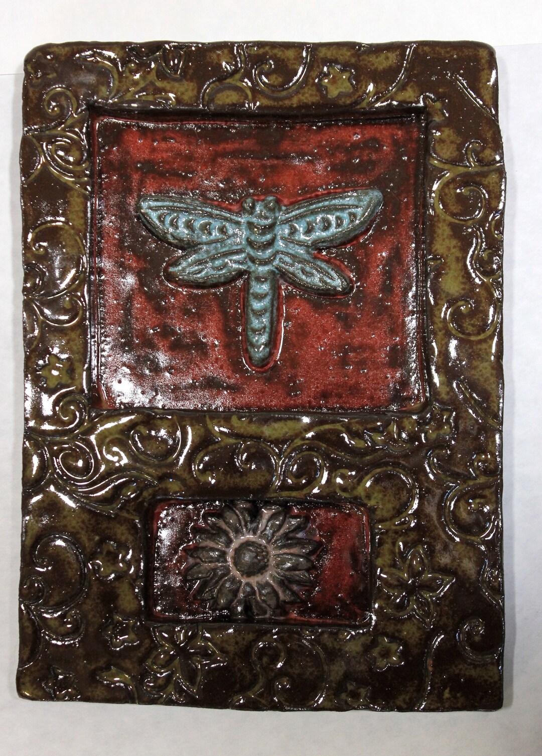 Dragonfly and Flower Ceramic Tile, Dragonfly Art Tile, Handmade Ceramic ...