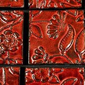 Red Flower Tile, Handmade Tile, Ceramic Tile, Fireplace Tile, Red Tile ...