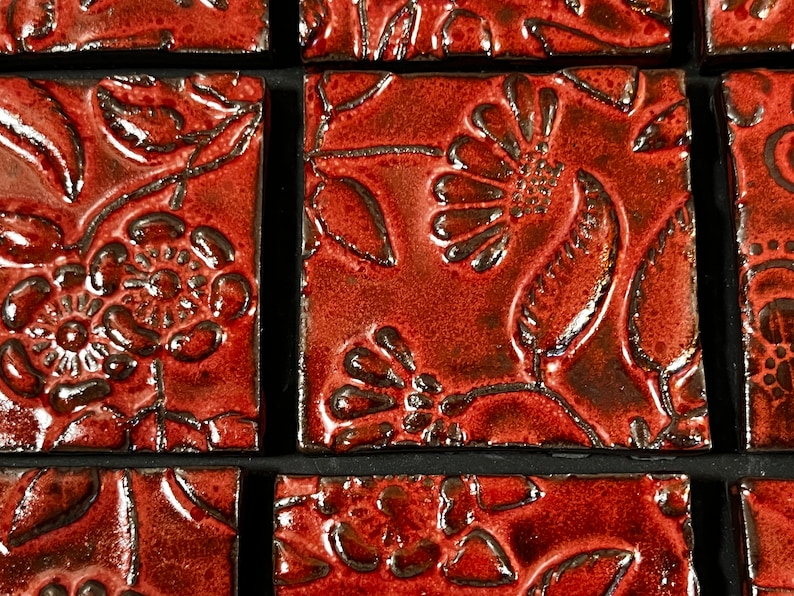 Red Flower Tile, Handmade Tile, Ceramic Tile, Fireplace Tile, Red Tile ...