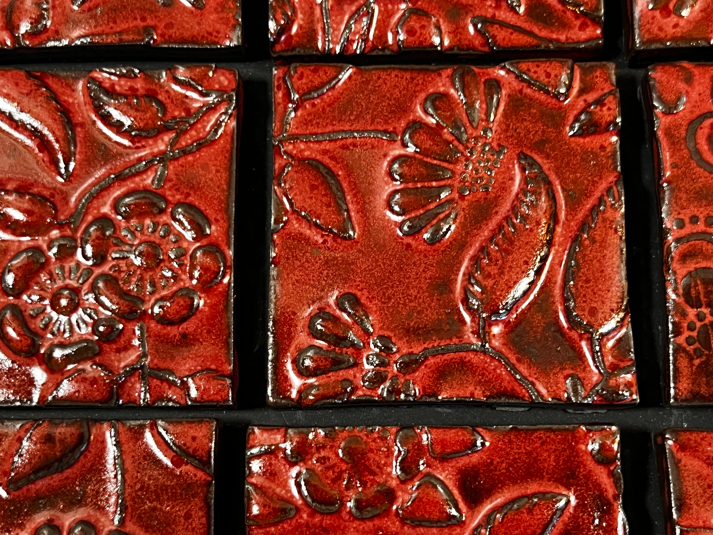 Red Flower Tile, Handmade Tile, Ceramic Tile, Fireplace Tile, Red Tile ...
