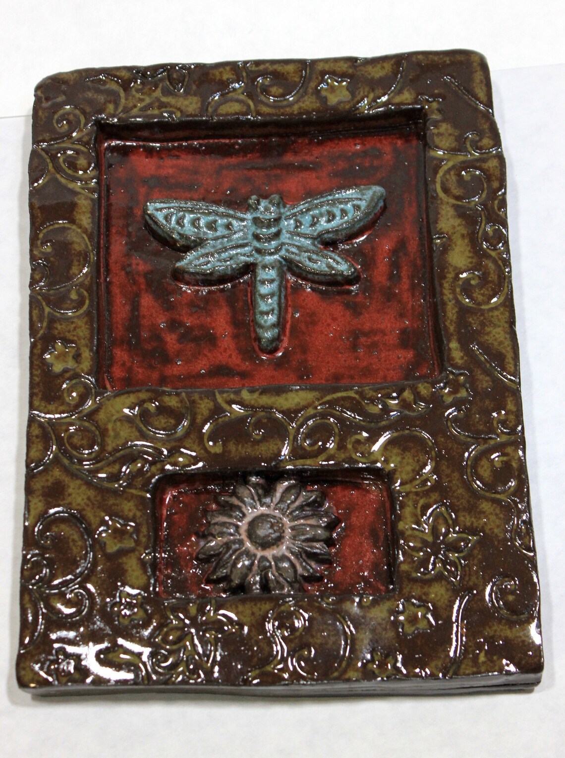 Dragonfly and Flower Ceramic Tile, Dragonfly Art Tile, Handmade Ceramic ...