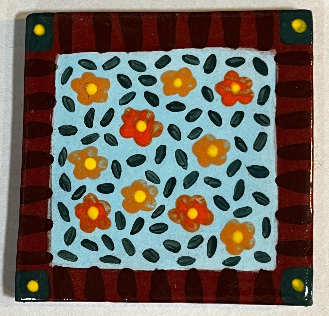 4 Flower Ceramic Tiles, Handmade Ceramic Tiles, Hand Painted Tile Set ...