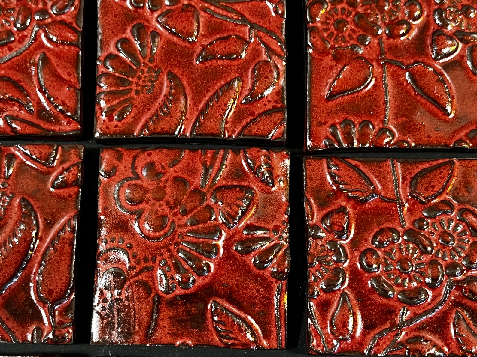 Red Flower Tile, Handmade Tile, Ceramic Tile, Fireplace Tile, Red Tile ...
