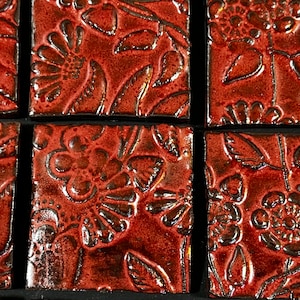 Red Flower Tile, Handmade Tile, Ceramic Tile, Fireplace Tile, Red Tile ...