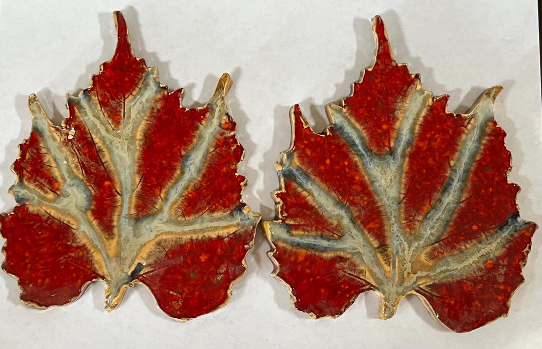 Set of Two Maple Leaf Tiles, Handmade Maple Leaf Tiles, Red and Cream ...