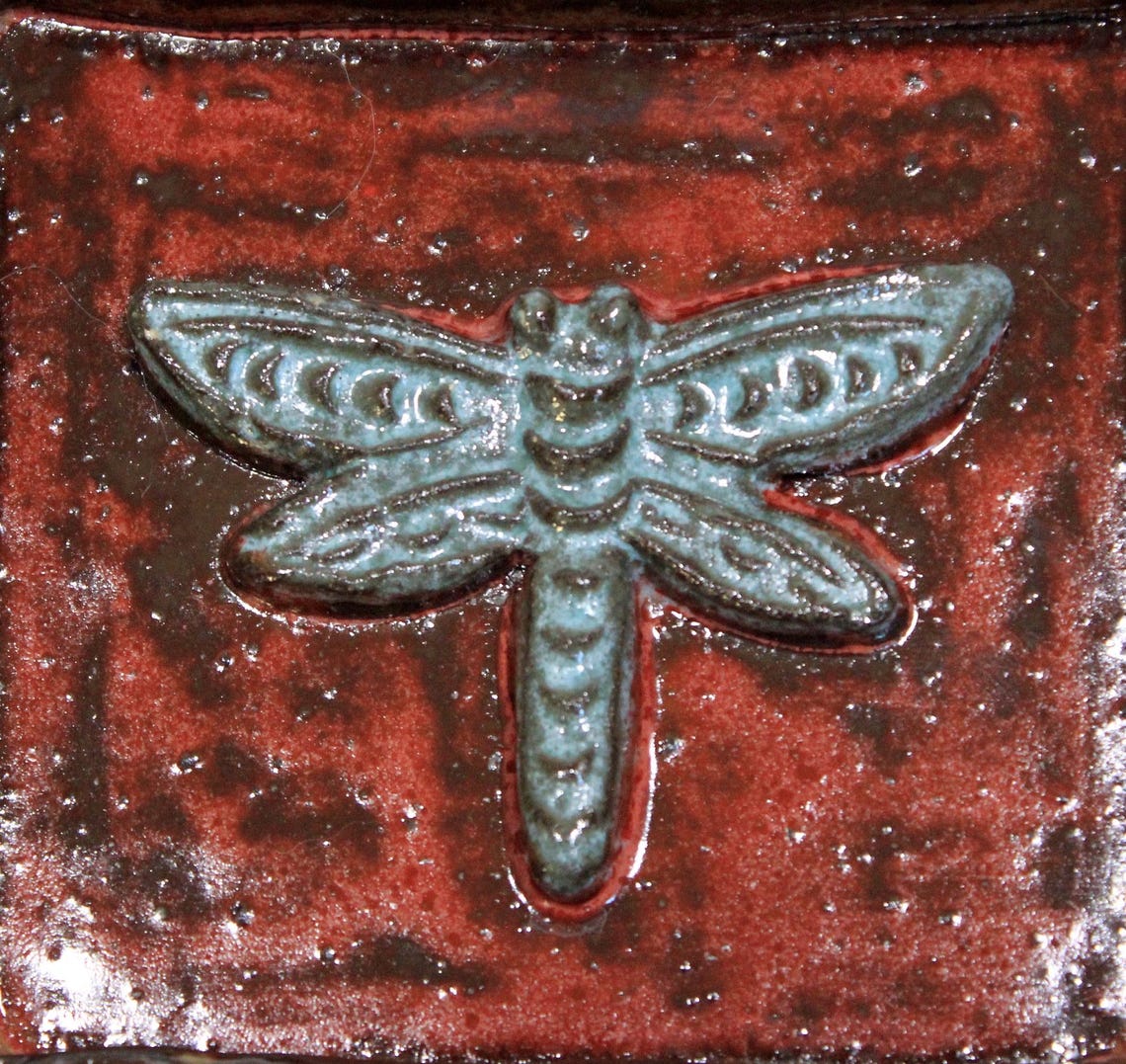 Dragonfly and Flower Ceramic Tile, Dragonfly Art Tile, Handmade Ceramic ...