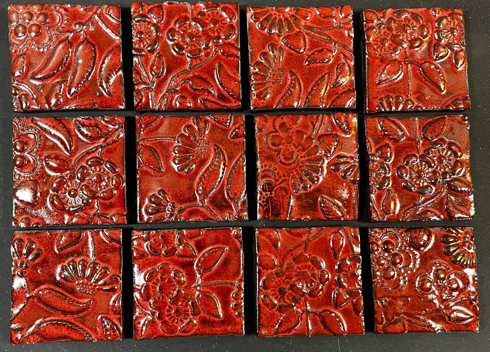 Red Flower Tile, Handmade Tile, Ceramic Tile, Fireplace Tile, Red Tile ...
