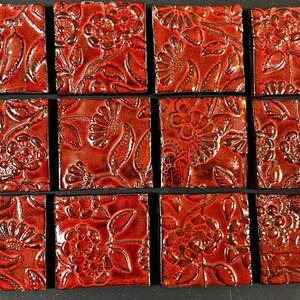 Red Flower Tile, Handmade Tile, Ceramic Tile, Fireplace Tile, Red Tile ...