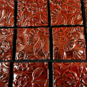 Red Flower Tile, Handmade Tile, Ceramic Tile, Fireplace Tile, Red Tile ...