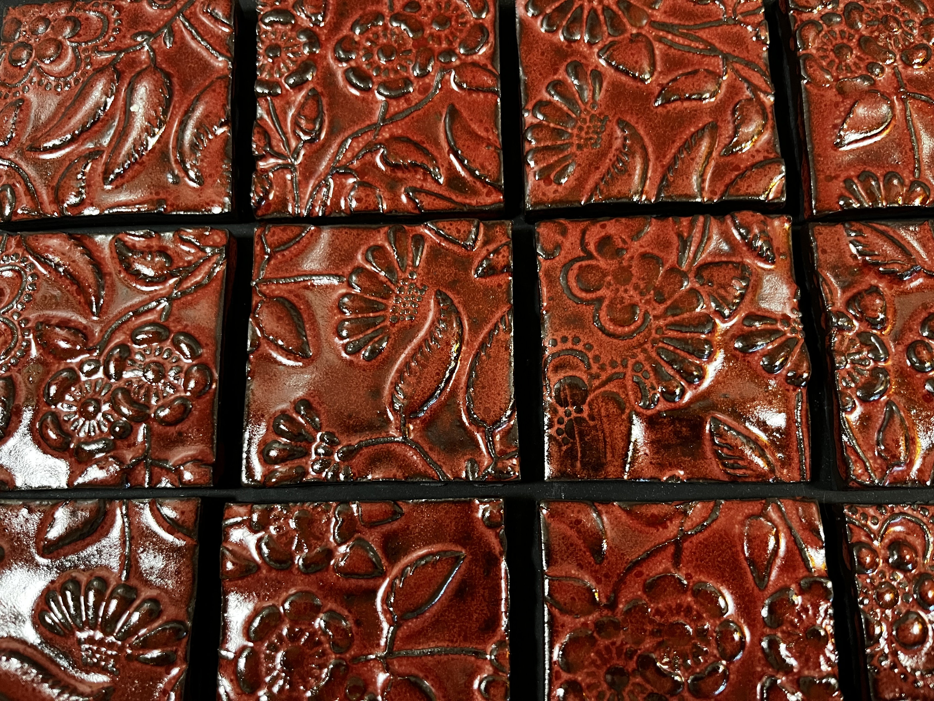 Red Flower Tile, Handmade Tile, Ceramic Tile, Fireplace Tile, Red Tile ...