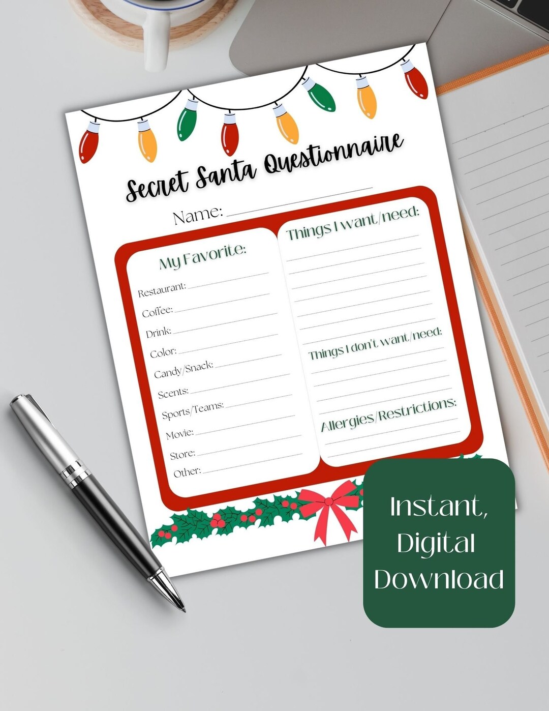 Secret Santa Wish List Printable, Secret Santa Questionnaire Printable ...