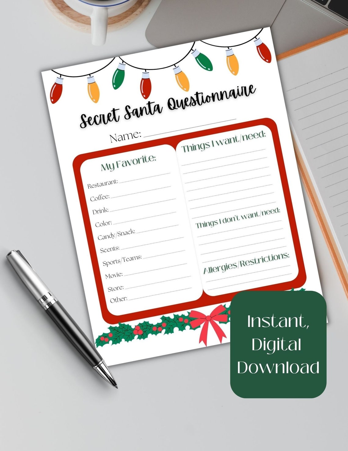 Secret Santa Wish List Printable, Secret Santa Questionnaire Printable ...