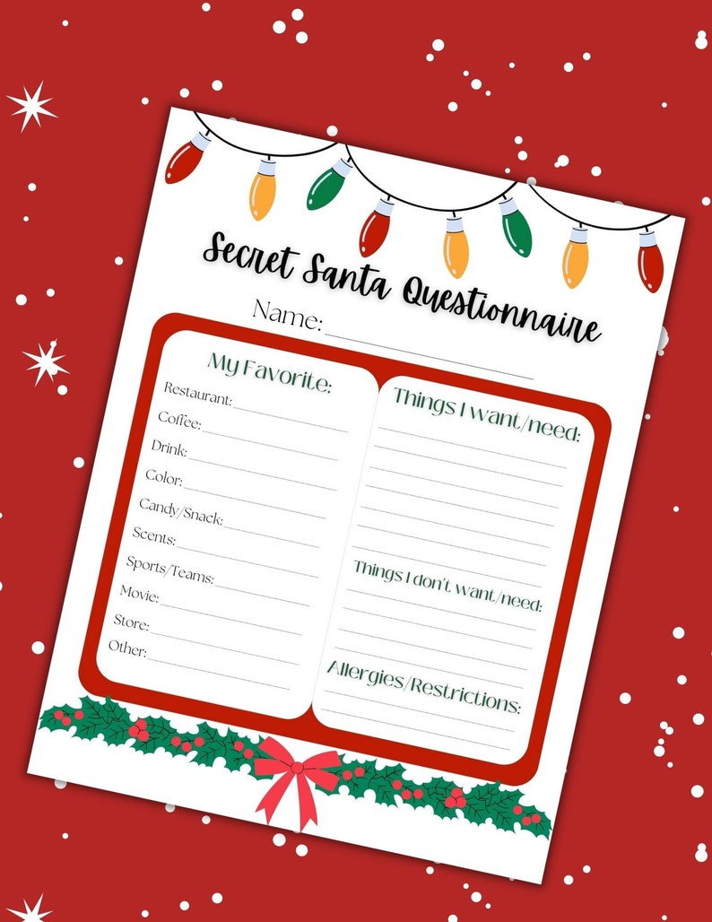 Secret Santa Wish List Printable, Secret Santa Questionnaire Printable ...