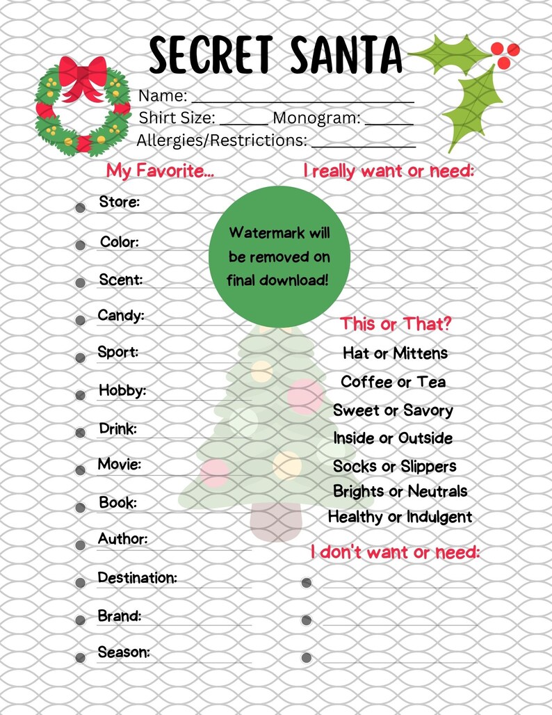 Secret Santa Wish List Printable Secret Santa Questionnaire - Etsy