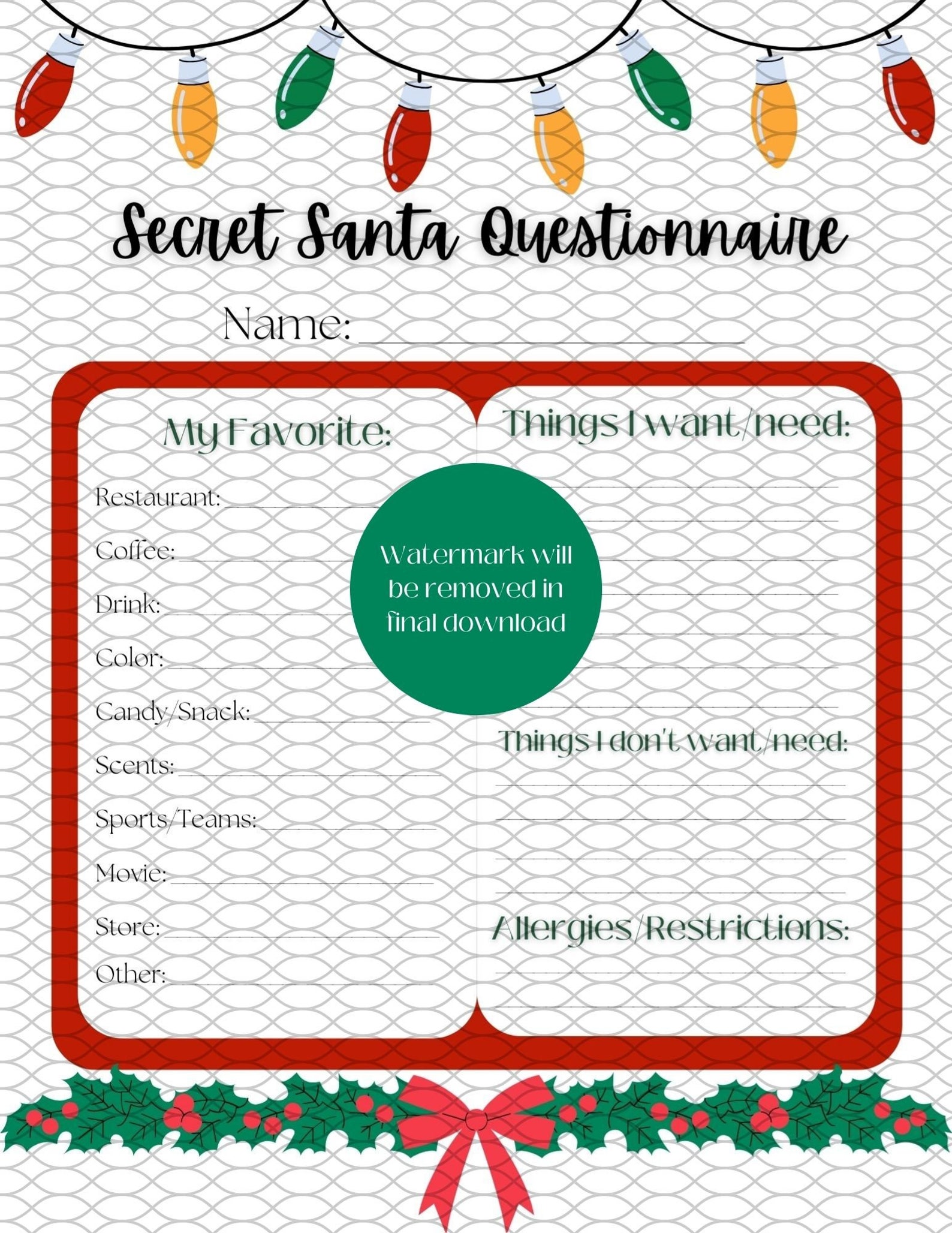Secret Santa Wish List Printable, Secret Santa Questionnaire Printable ...
