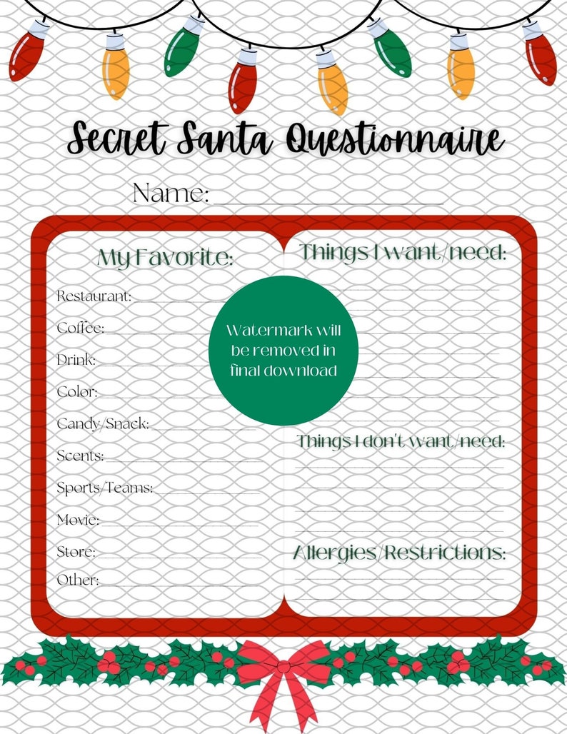 Secret Santa Wish List Printable, Secret Santa Questionnaire Printable ...