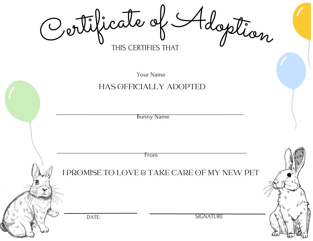 Rabbit Adoption Certificate Pet Rabbit Document Printable Letter Sized ...