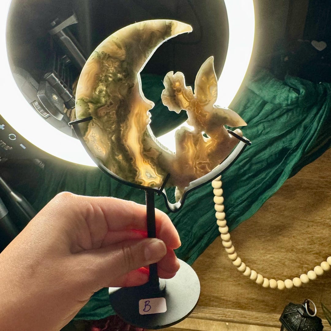 Tinkerbell Moss Agate Moon Slab on Stand, Druzy Moss Agate Moon ...