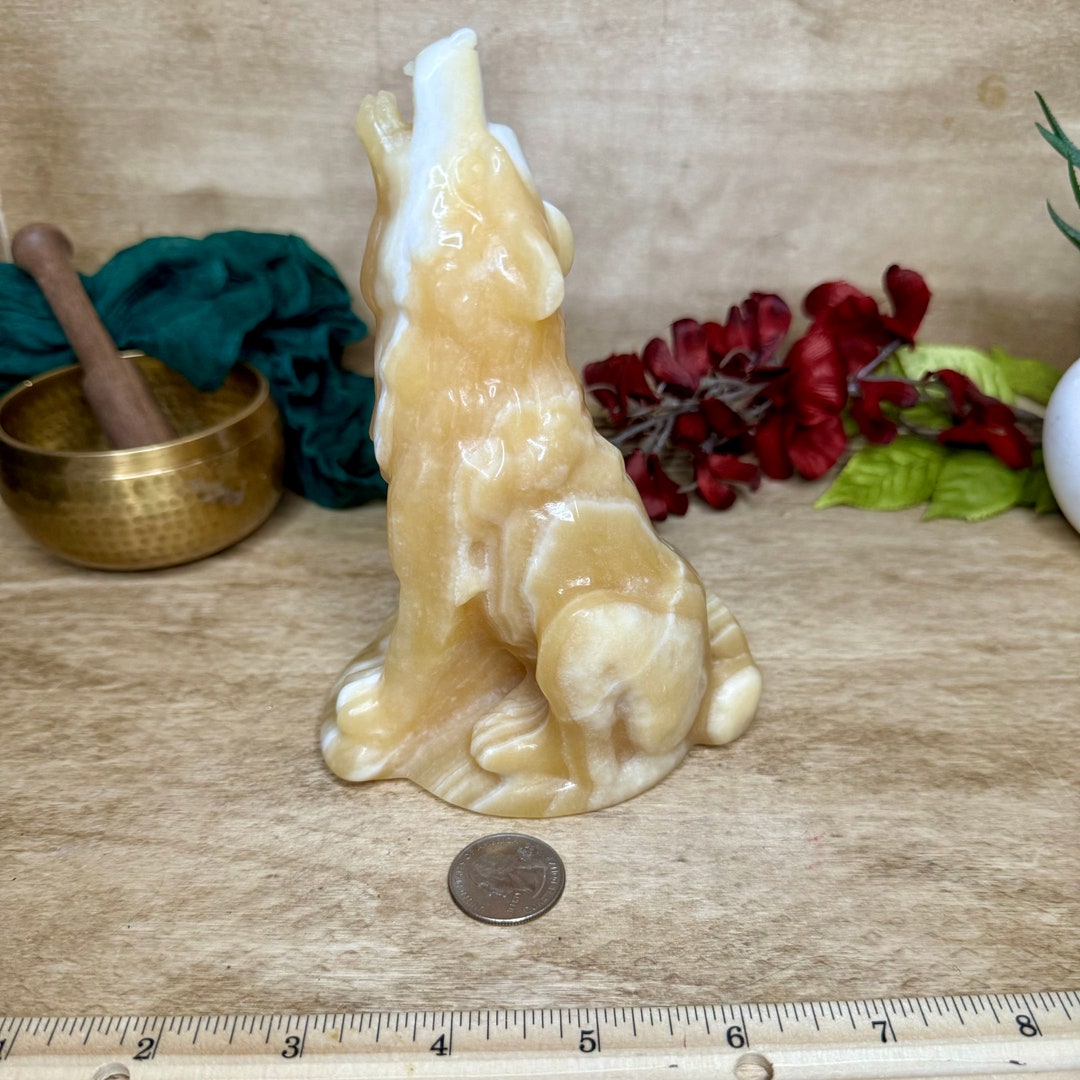 Large Yellow Banded Calcite Howling Wolf Carving, Wolf, Wolf Carving ...