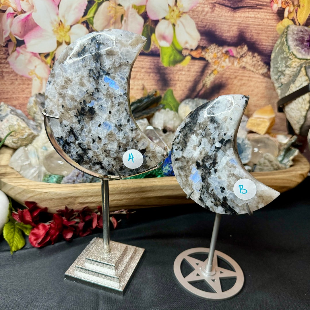Rainbow Moonstone Moons on Stands, Blue Flash Moonstone, Rainbow ...