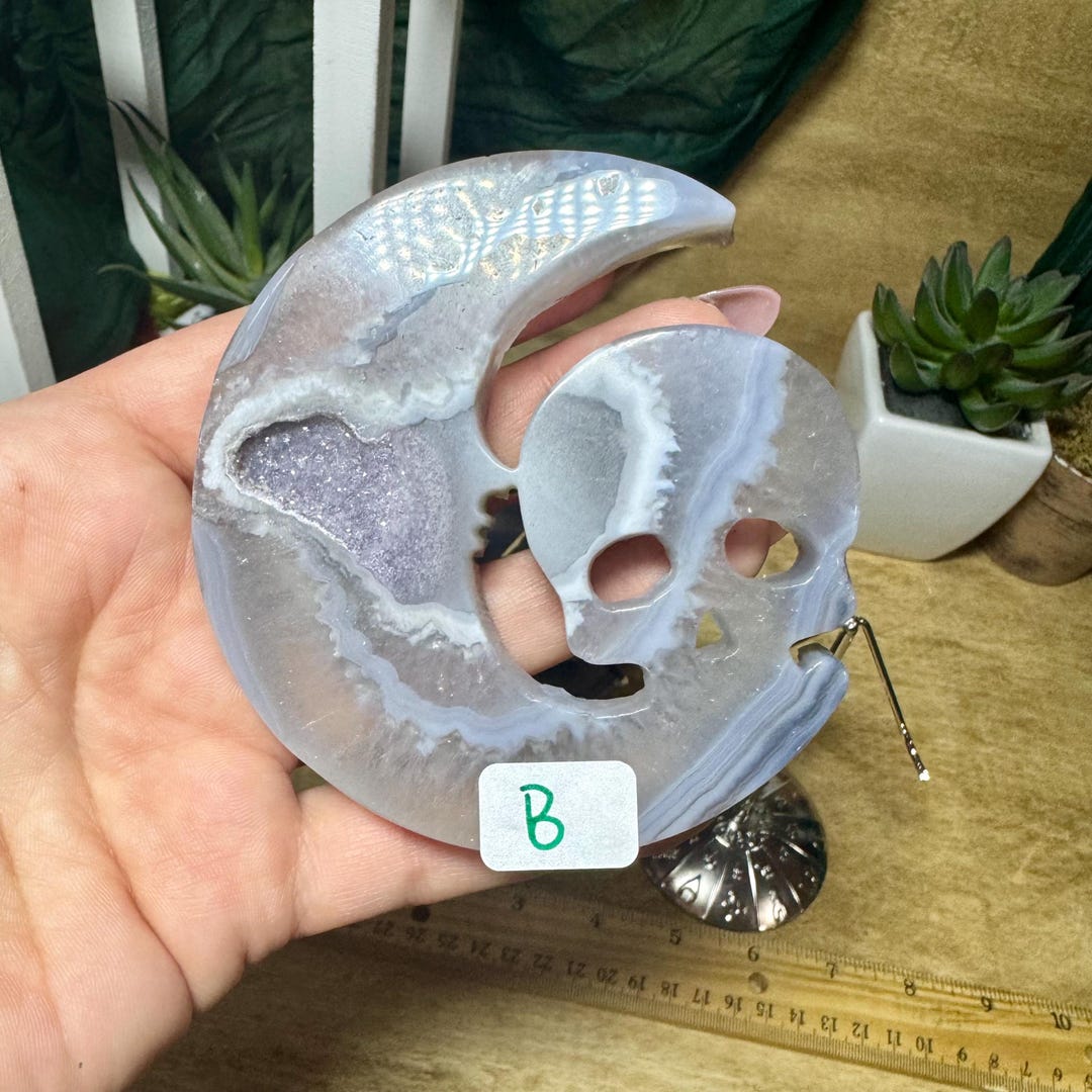 Sparkling Druzy Agate Moon and Skull Carving Set With Stands Purple ...