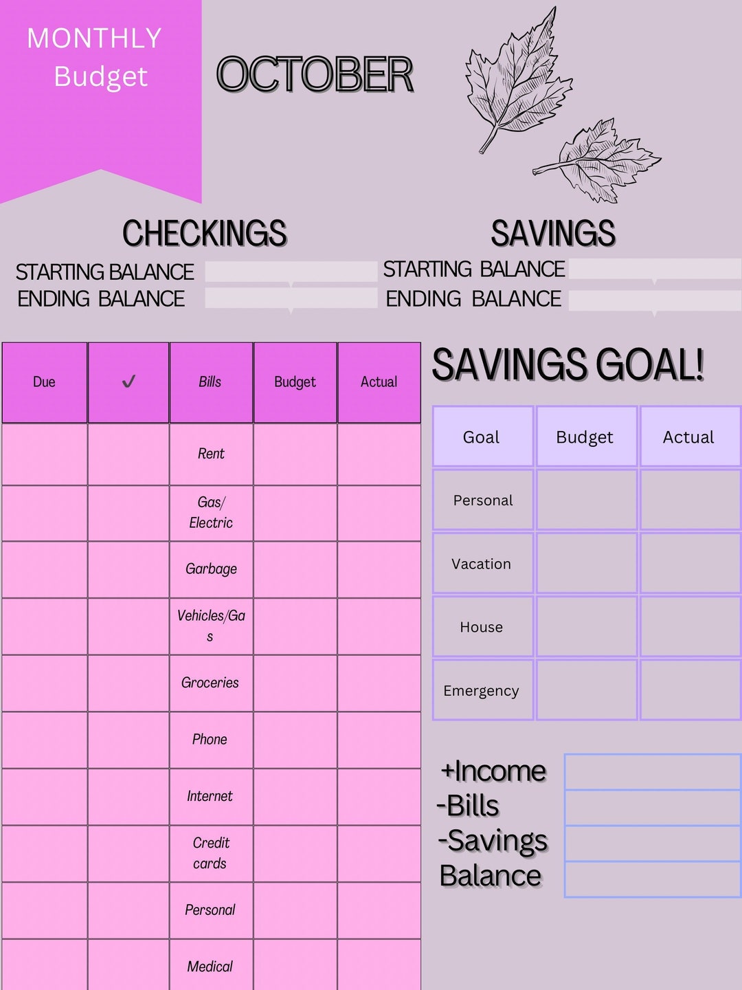 October Monthly Budget Planner - Etsy