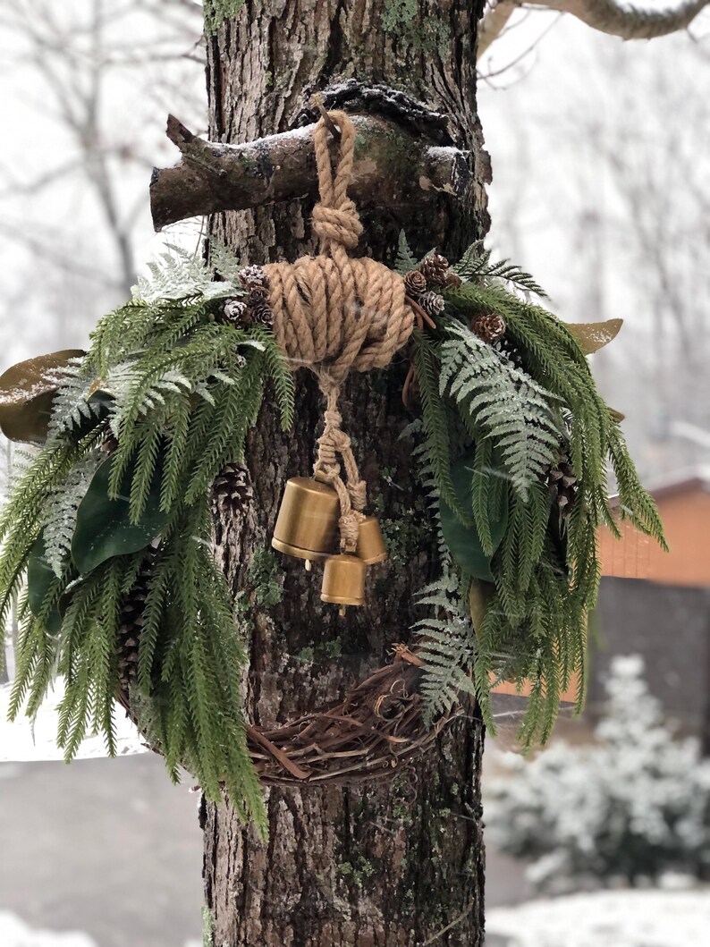 Rustic Winter Wreath: Ferns, Pine Cones & Gold Bells - Etsy