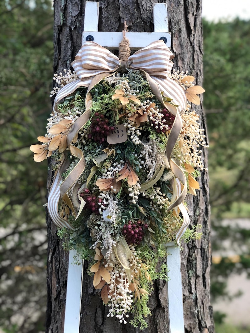 Neutral Swag: Rustic Burgundy Flowers / Cream Ribbon - Etsy