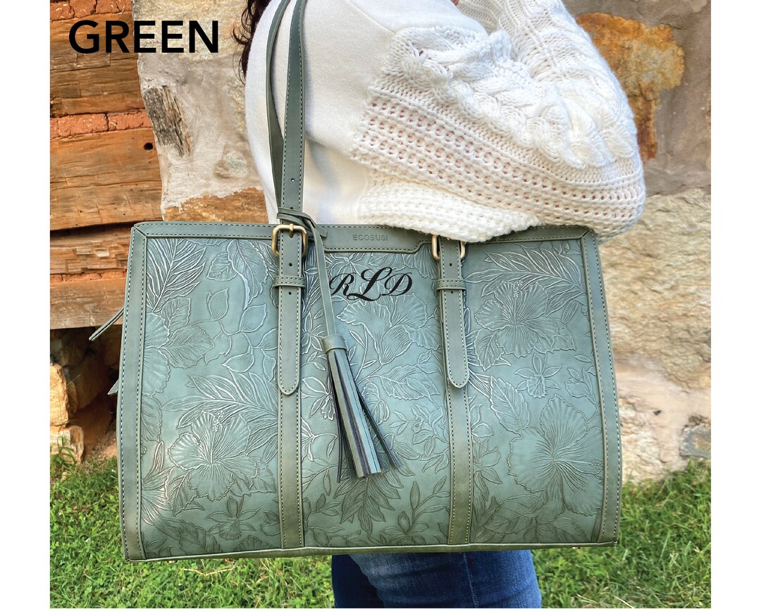 Personalized Green Leather Laptop Bag, Floral Embossed Briefcase for ...