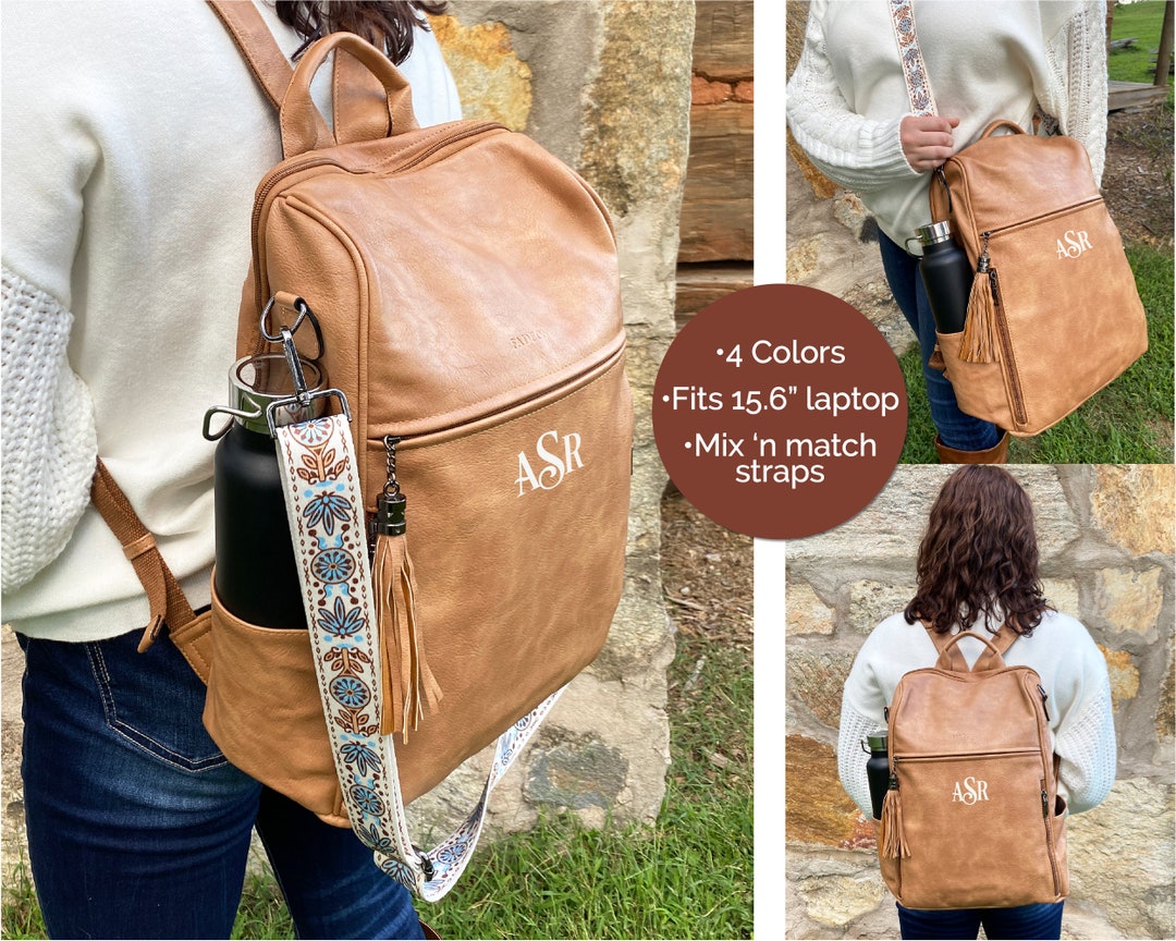 Personalized Leather Laptop Backpack for Women With Strap, Laptop Bag ...